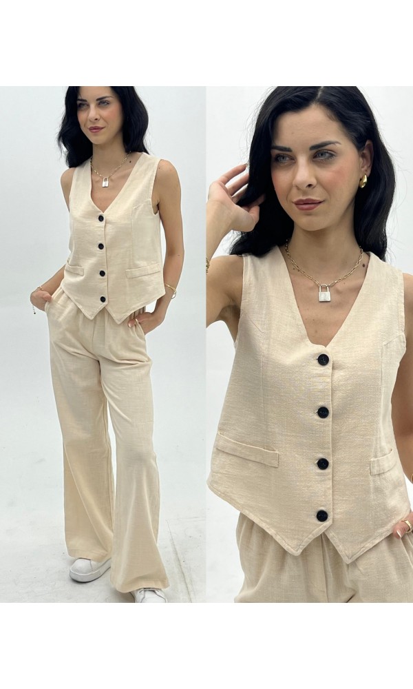 KETEN YELEKLİ TAKIM KREM RENGİ